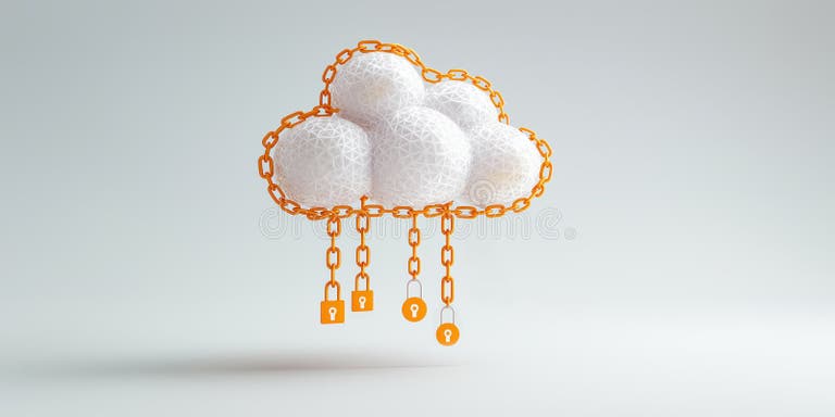 Floating Cloud Icon with Chains and Lock Symbols, Representing Cloud Data Protection, Minimal ...