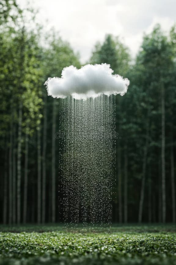 Floating Cloud Raining in Forest: Surreal Nature Scene with Tiny ...
