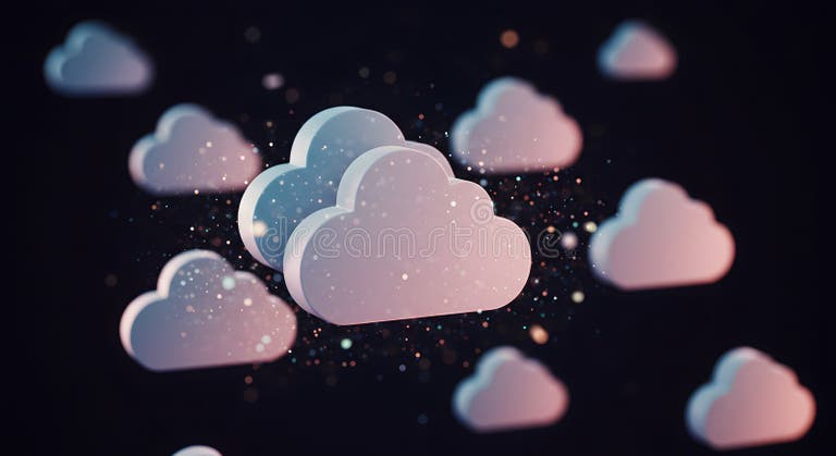 Floating Clouds Illustration with Sparkling Particle Effects on Dark ...