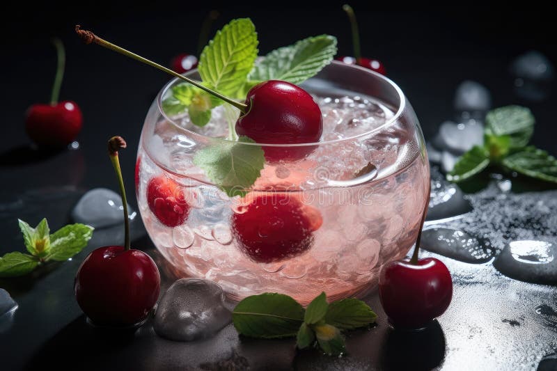 A Floating Cocktail with Cherries and a Sprig of Mint, in a Pool of Ice ...
