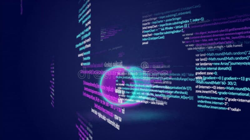 Floating Code Snippets Circling Glowing Neon Torus in 3D Holographic Data Visualization Stage ...