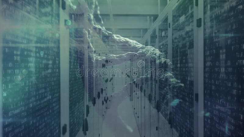 Floating Code Streams Forming Digital Arm Emerging at Left Side Scanning Server Racks Retracting ...