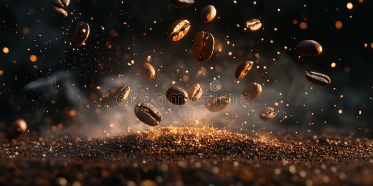 Floating Coffee Beans Above Ground Coffee Creating a Dynamic and Rich ...