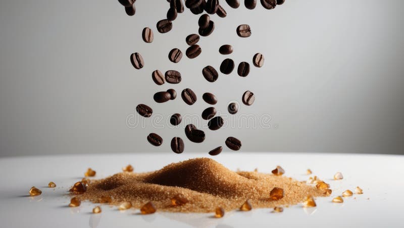 Floating Coffee Beans with Brown Sugar Crystals. Stock Photo - Image of ...