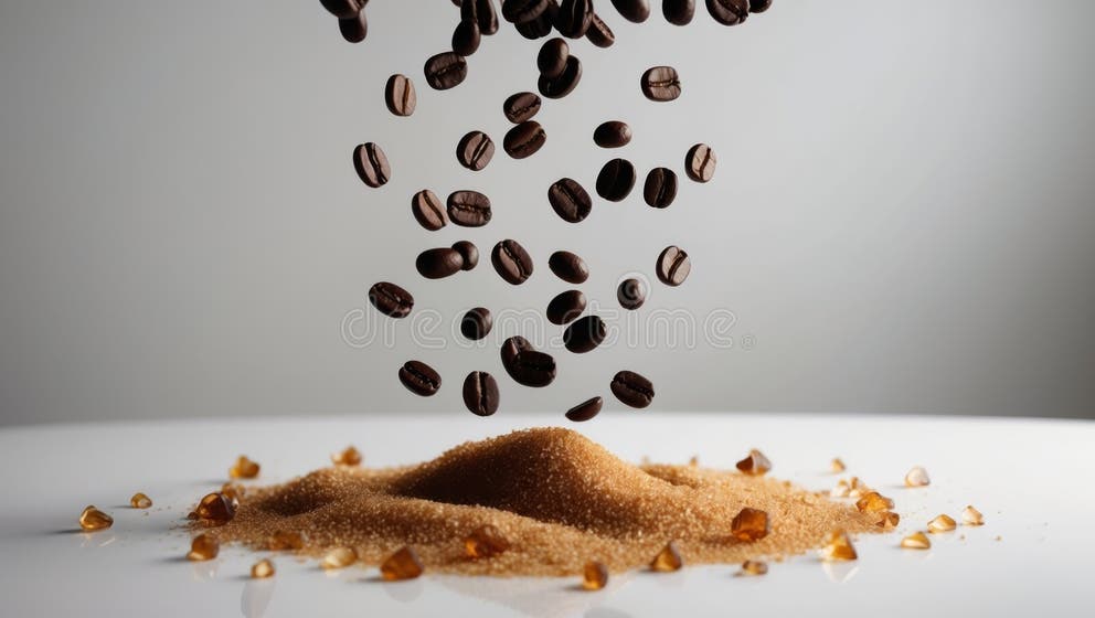 Floating Coffee Beans with Brown Sugar Crystals. Stock Photo - Image of ...