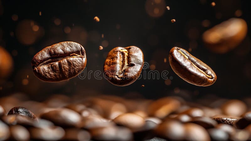 Floating Coffee Beans Create a Dynamic Display Against a Dark ...