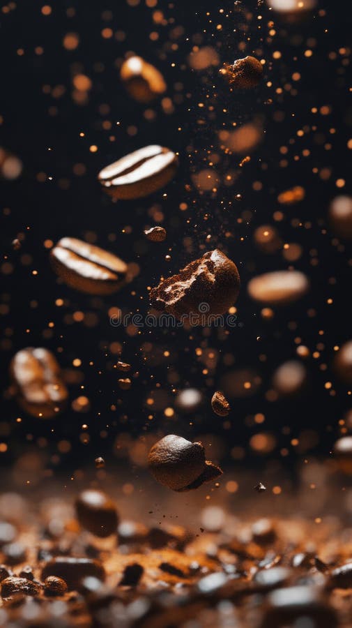 Floating Coffee Beans in a Dark Environment Surrounded by Specks of ...