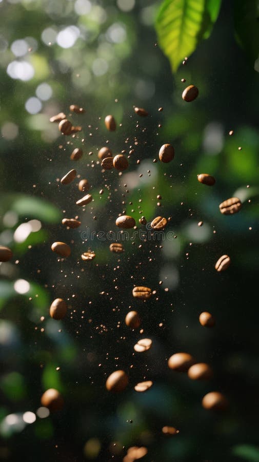 Floating Coffee Beans in a Dark Environment Surrounded by Specks of ...