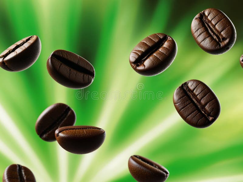 Floating Coffee Beans with a Vibrant Green Blurred Background for Fresh ...