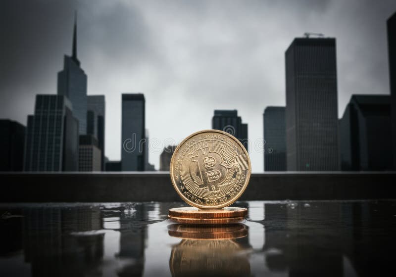 A Floating Coin Standing Upright on a Wet Urban Surface, Framed by ...