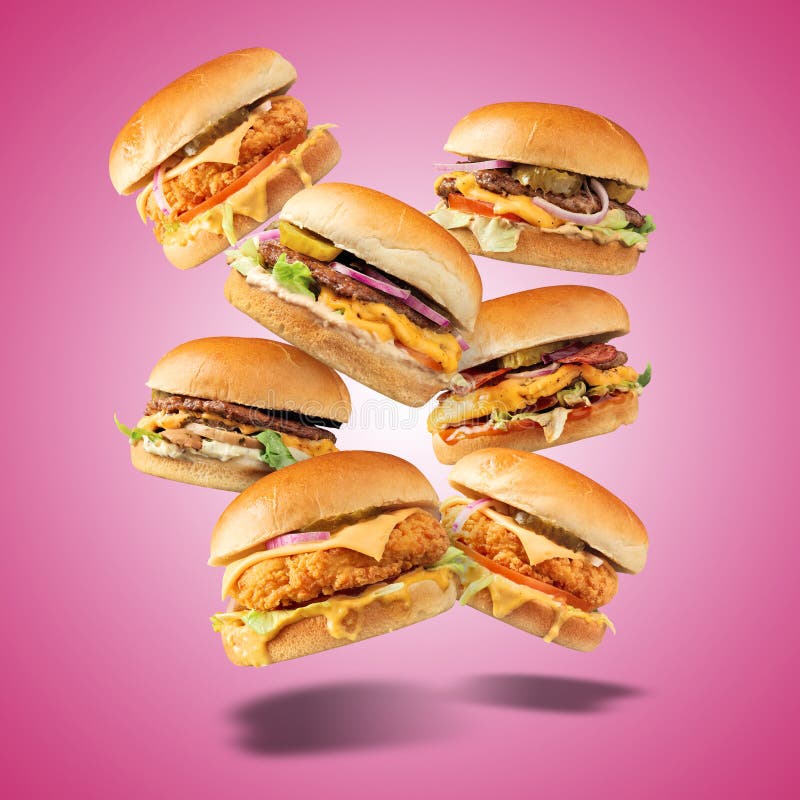 Floating Collection of Seven Burgers on Rose Gradient Stock Image ...