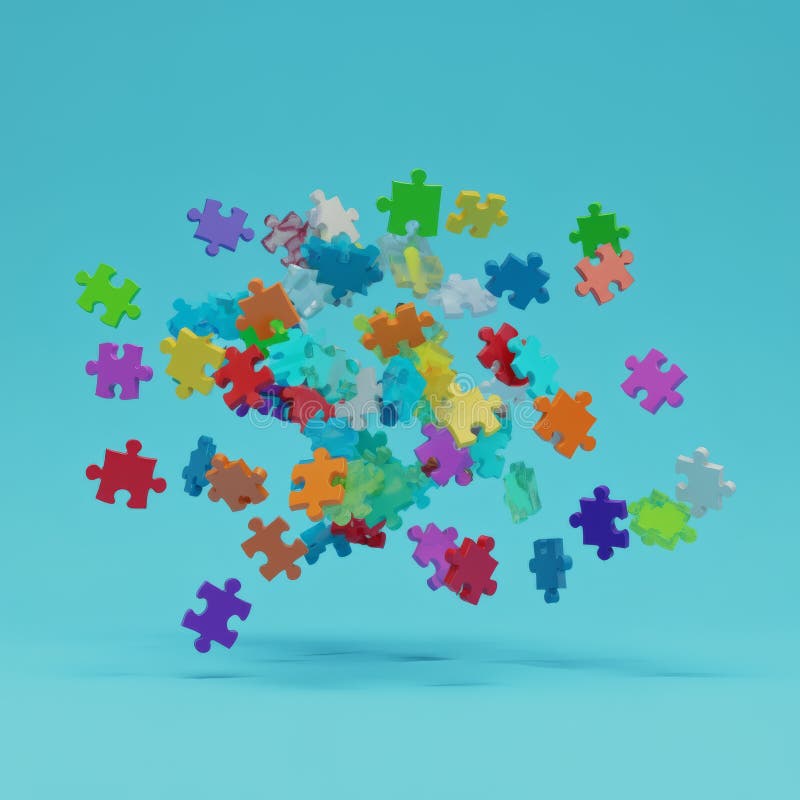 Floating Colorful Puzzle Pieces Scattered in Mid Air on Blue Background ...