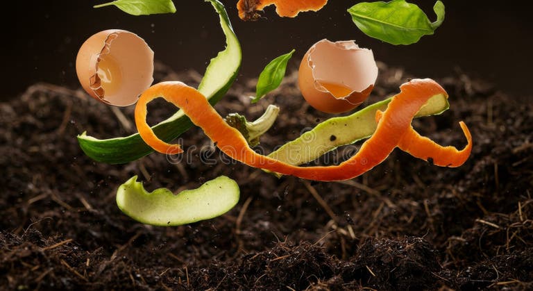 Floating Compost: Eggshells and Vegetable Scraps Falling Onto Dark Soil ...
