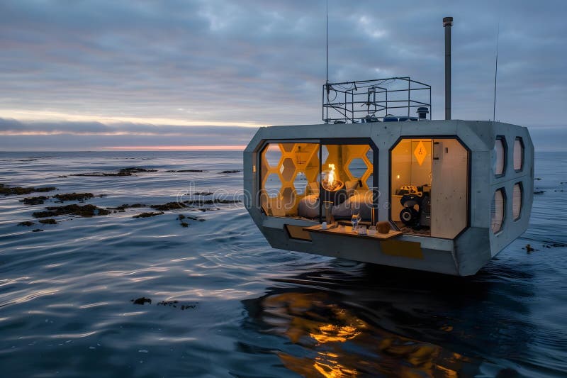 Floating Concrete Cube Structure on Water Surface Stock Illustration ...