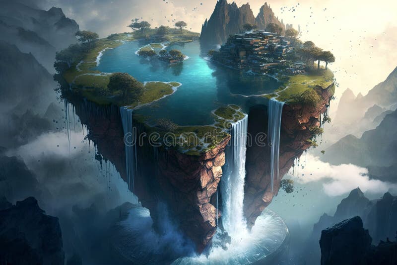 A Floating Continent with Waterfalls and Rivers. Generative AI Stock ...