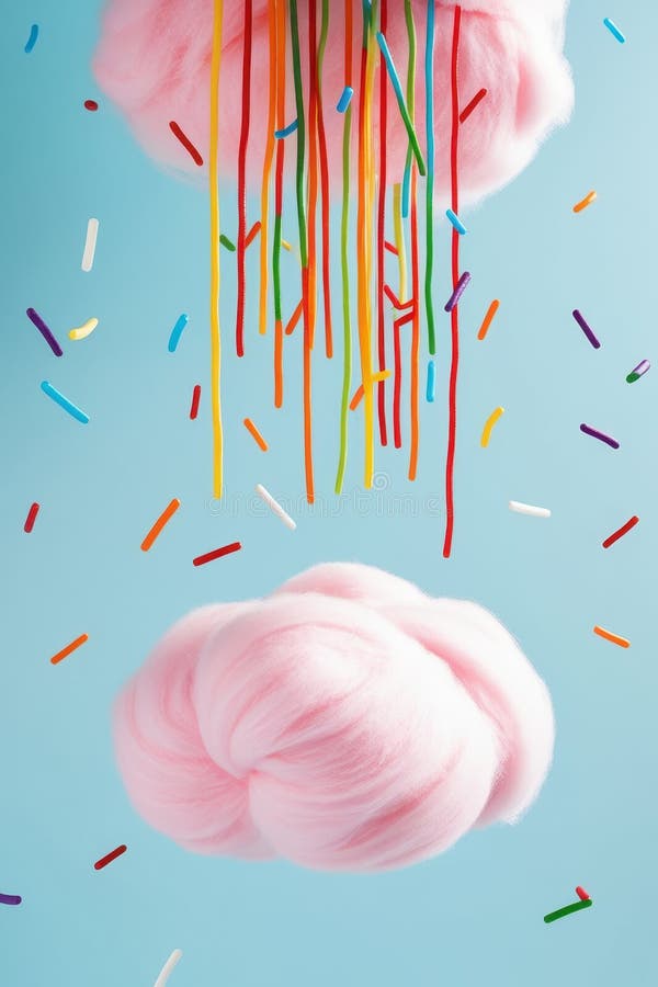 Floating Cotton Candy with Rainbow Sprinkles on Blue Sky Background ...
