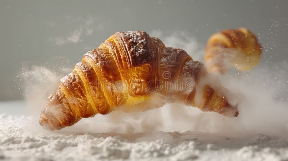 Golden Croissant Flying in Flour Dust: Delicious Bakery Photography ...