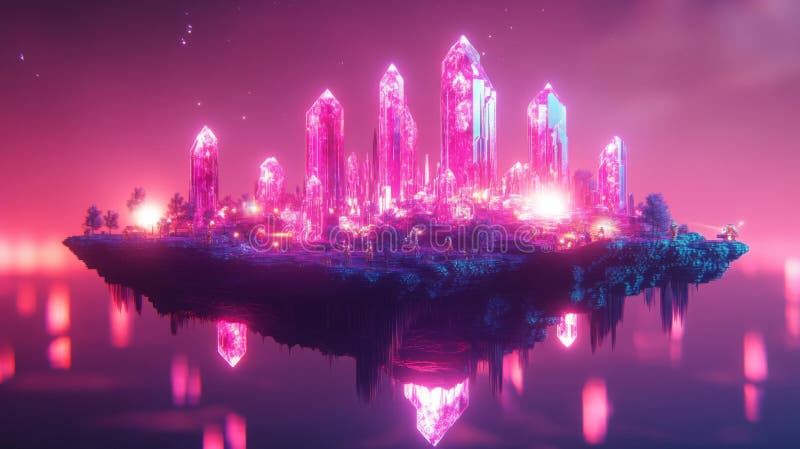 Floating Crystal City at Night Stock Illustration - Illustration of ...
