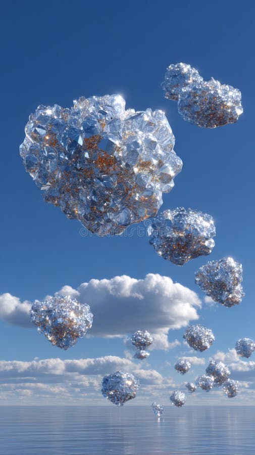 Floating Crystal Geometric Shapes in a Blue Sky Stock Illustration ...