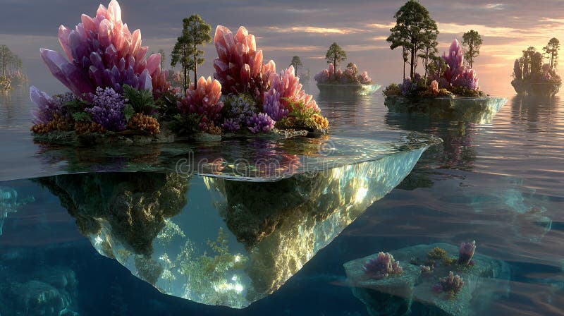 Floating Crystal Islands in Calm Water with Sky Reflection Stock ...
