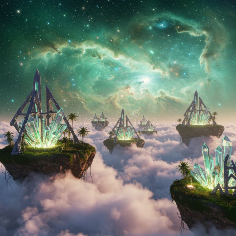 Floating Crystal Islands in a Nebula Night Sky Stock Illustration ...