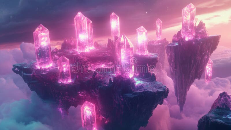 Floating Crystal Islands in a Pink and Purple Sky Stock Illustration ...