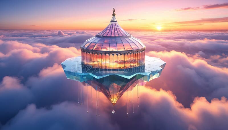 Floating Crystal Palace among Clouds at Sunset Stock Photo - Image of ...
