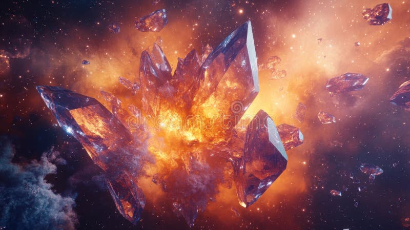 Floating Crystals in Colorful Outer Space Explosion with Fiery Ambiance ...