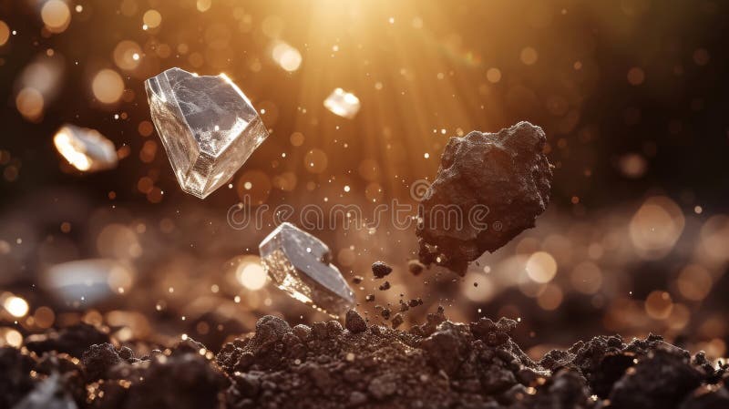 Floating Crystals and Stones Illuminated by Sunlight Stock Photo ...