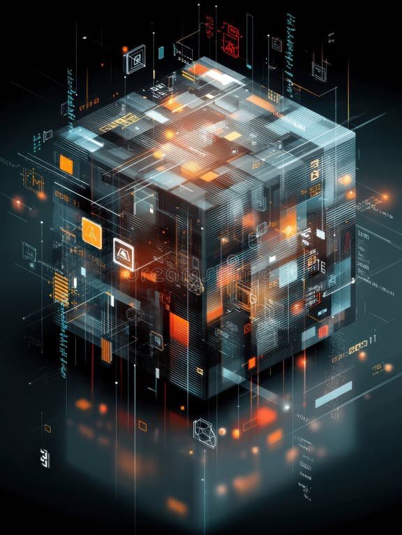Floating Cube Displaying Rotating AI Icons and Digital Code in a Futuristic Setting with an ...