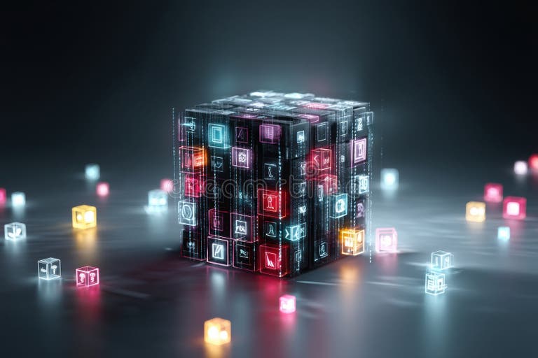 Floating Cube Displays Rotating AI Icons and Digital Code in a ...