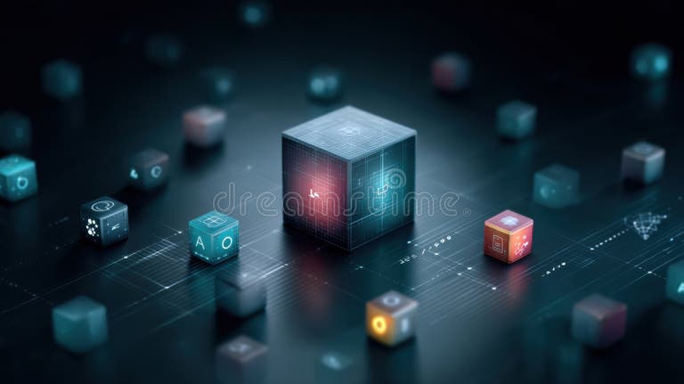 Floating Cube Displays Rotating AI Icons and Digital Code in a ...