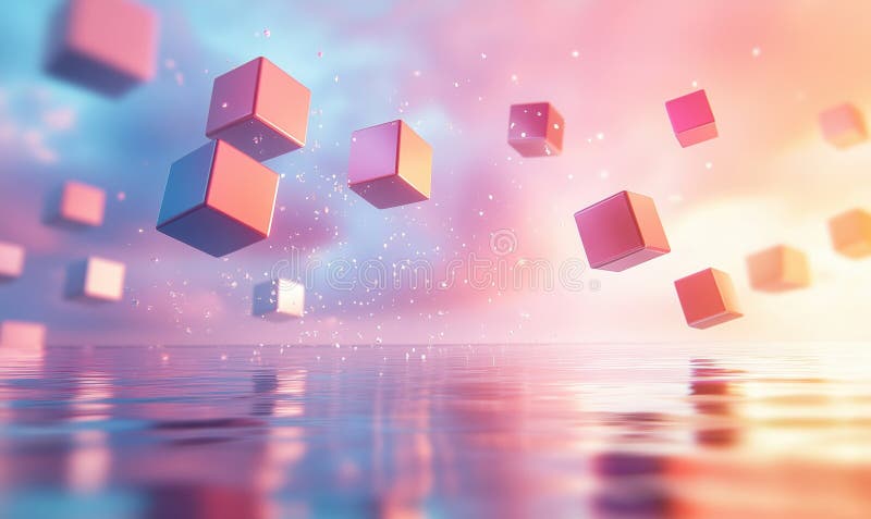 Floating Cubes Above Tranquil Water Surface with Colorful Sky and ...