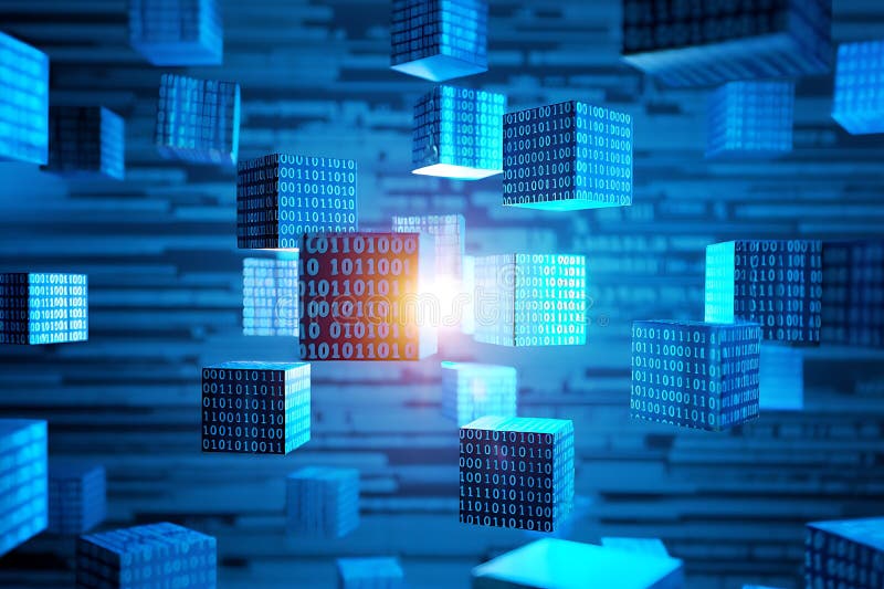 Floating Cubes with Binary Code in Blue Digital Abstract Background Data Technology Stock ...