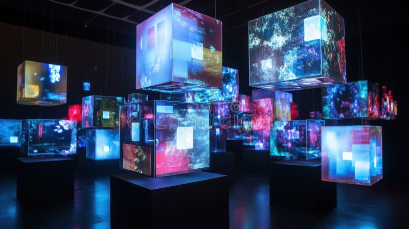 Floating Cubes Display Abstract Text and Symbols in a Vibrant Art Installation at an Exhibition ...