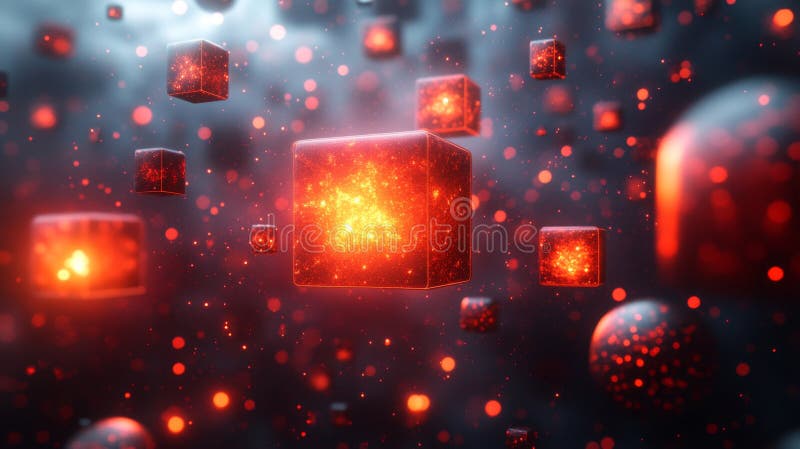 Dynamic 3D Cubes Glowing in Vibrant Red Colors Against a Dark ...