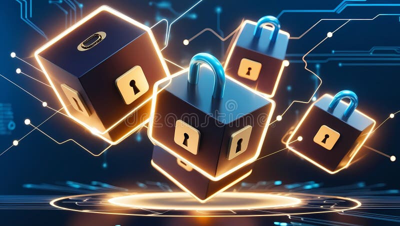 Floating Cubes with Illuminated Edges Feature Lock Symbols and Padlocks ...