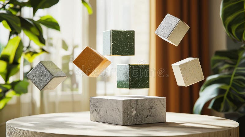 Floating Cubes in Various Colors Create Captivating Visual Display Above Marble Podium ...