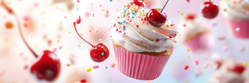 Floating Cupcake Elements with Frosting Sprinkles and Cherries in a ...