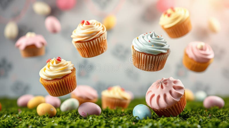 Floating Cupcakes with Pastel Colors and Easter Eggs on Grassy Surface ...