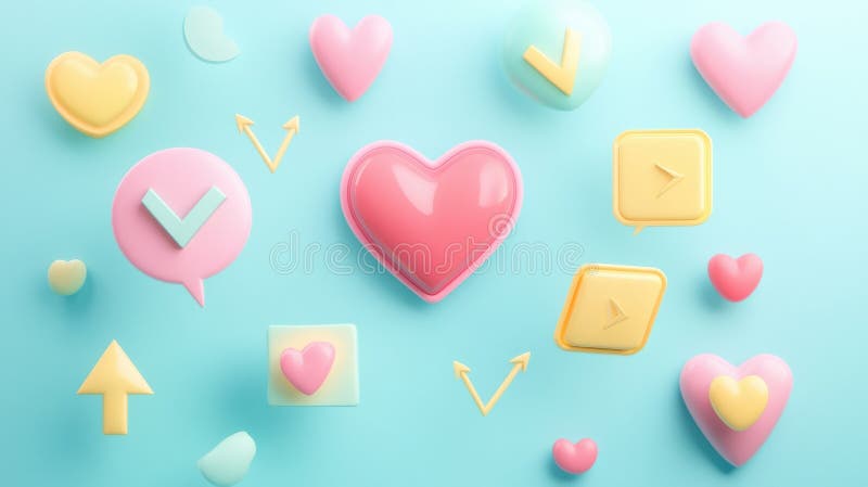 Floating 3D Chat Bubbles Hearts and Arrows on a Light Blue Background ...