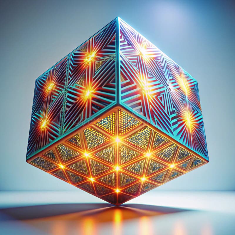 Floating 3D Cube with Glowing Dynamic Patterns Stock Illustration ...