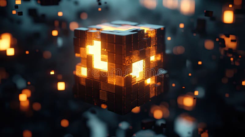 Floating 3D Cube Made from Softly Glowing Blocks Stock Illustration ...