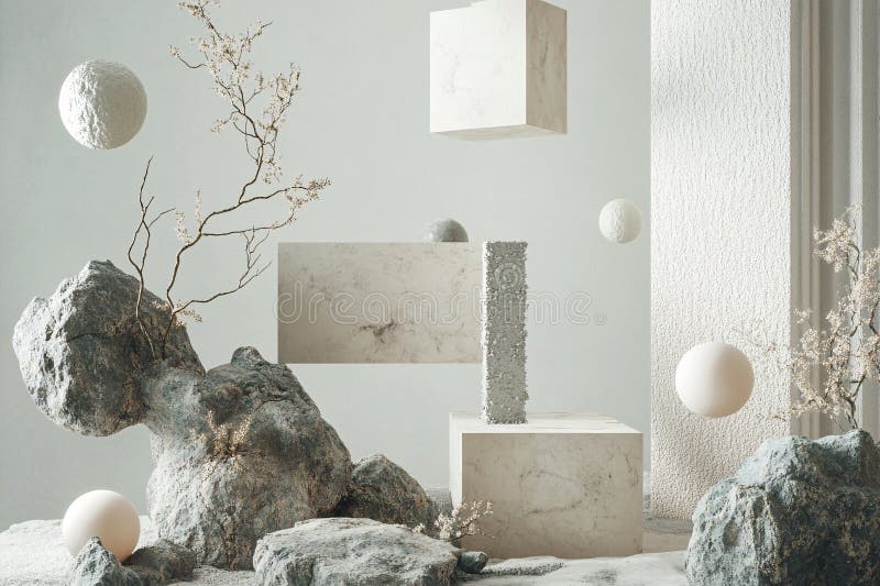 Floating 3D Geometric Shapes Intertwining with Organic Elements ...