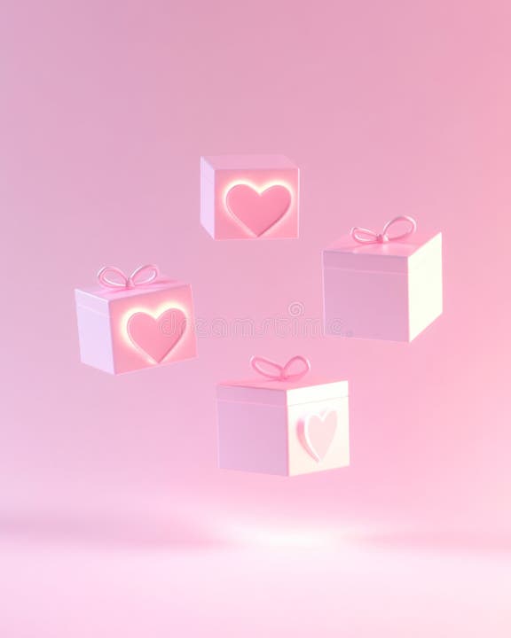 Floating 3D Gift Boxes with Heart Cutouts Glowing Softly in a Pink ...