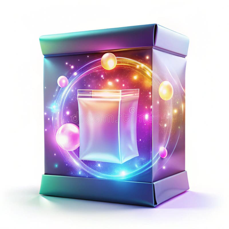 Floating 3D Glowing Product Packaging Isolated on White Stock ...