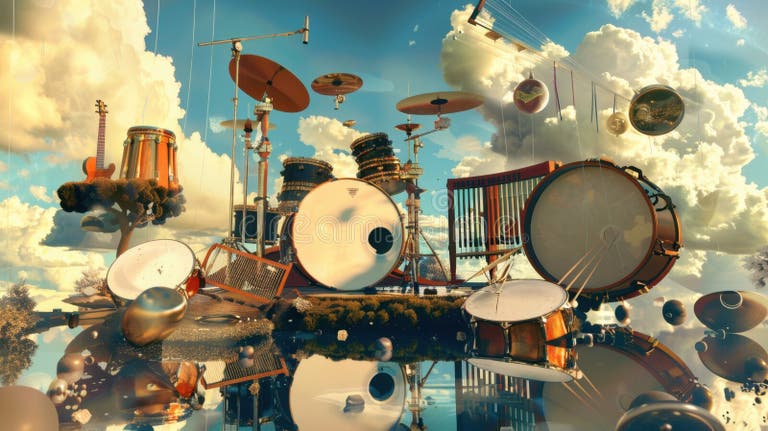 Floating 3D Musical Instruments in a Surreal Environment Stock ...