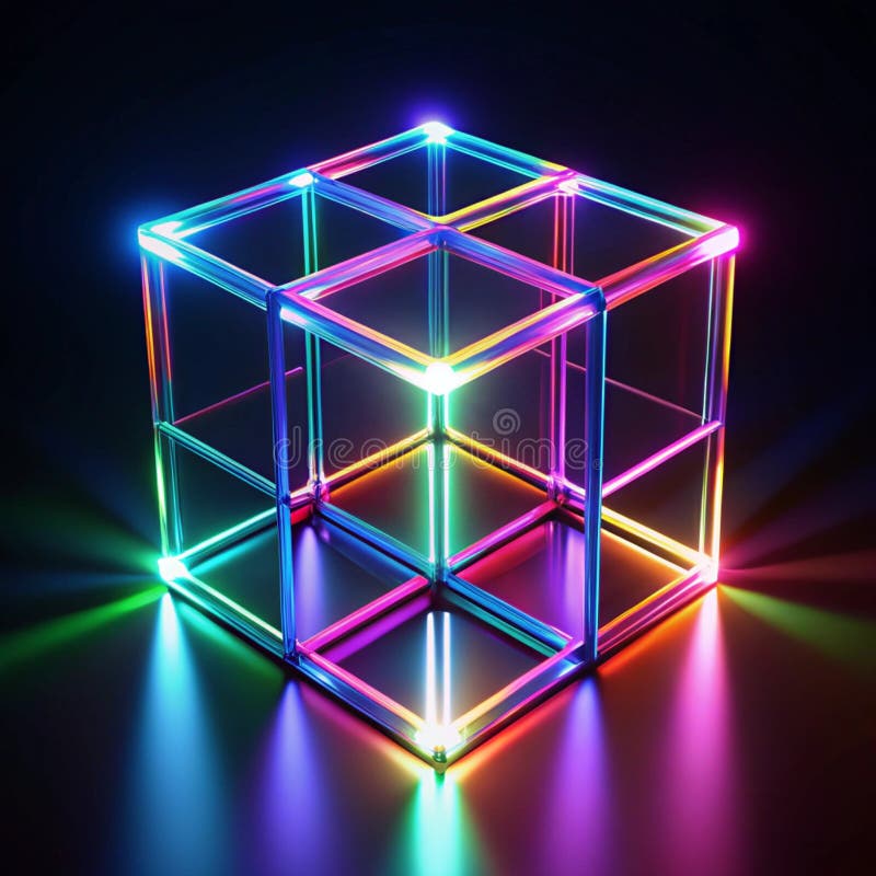 Floating 3D Neon Cube with Realistic Reflections Stock Illustration ...