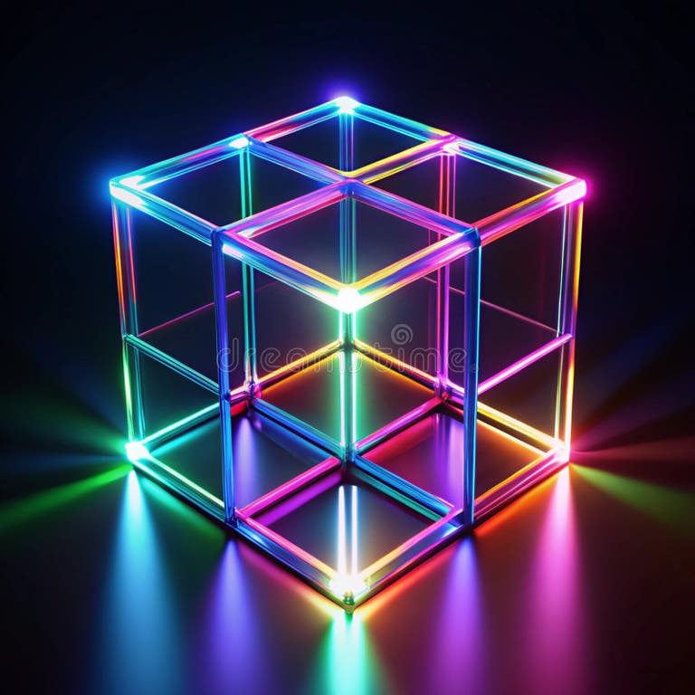 Floating 3D Neon Cube with Realistic Reflections Stock Illustration ...