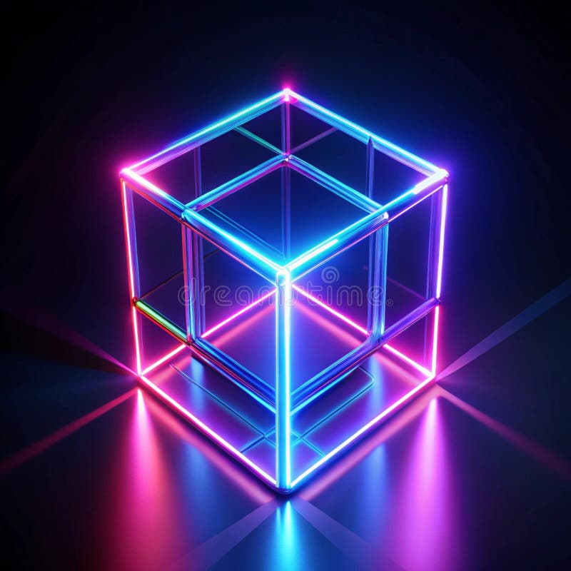 Floating 3D Neon Cube with Realistic Reflections Stock Illustration ...